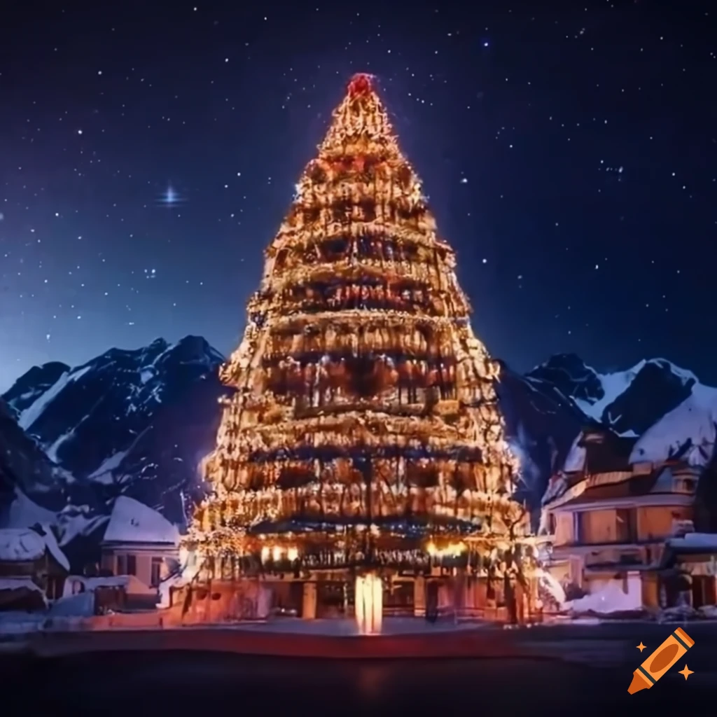 Construction workers building a huge Christmas tree with Santa Claus in ...