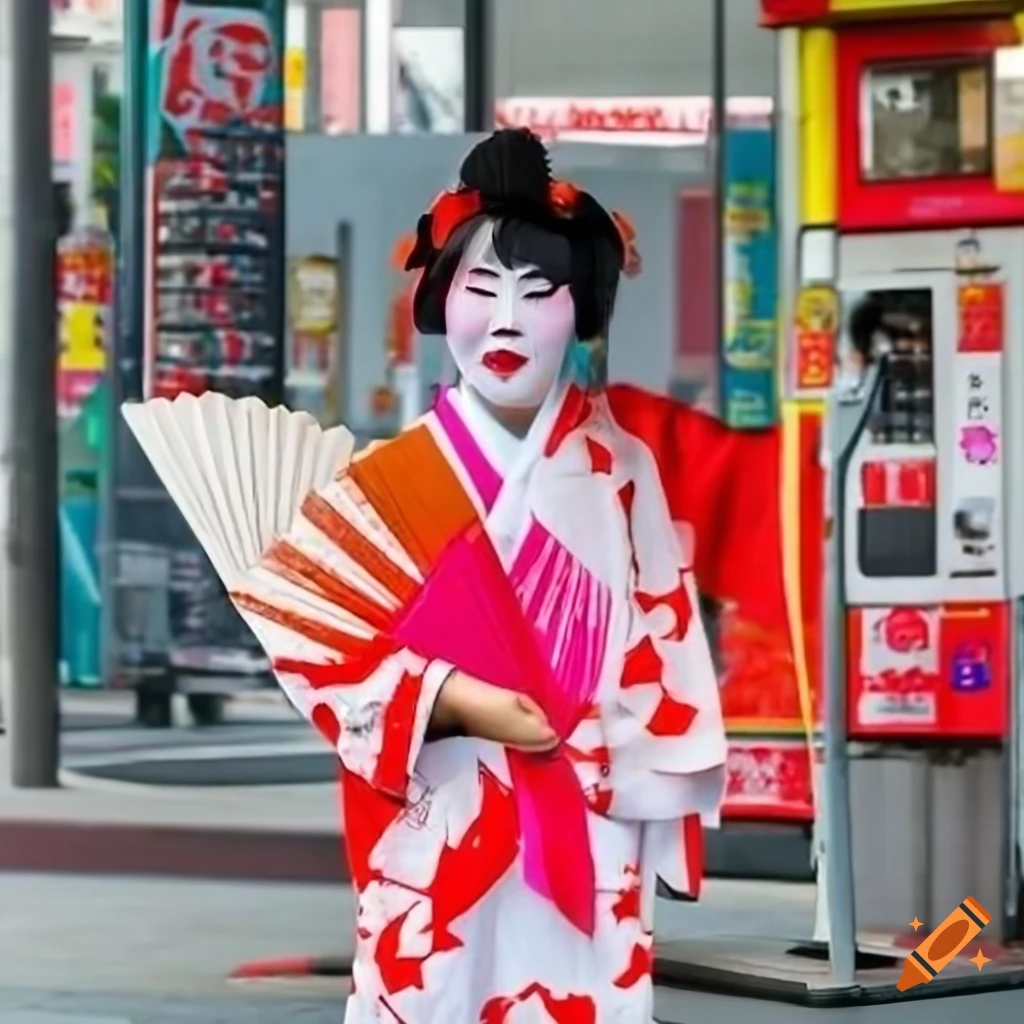 Kabuki style full body photo with japanese hand fans at a gas station