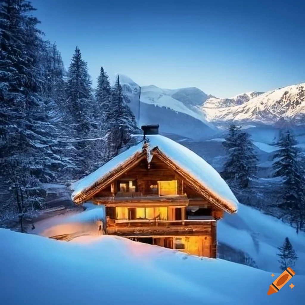Cozy chalet nestled in snowcapped mountains with a view of the ski trail on Craiyon