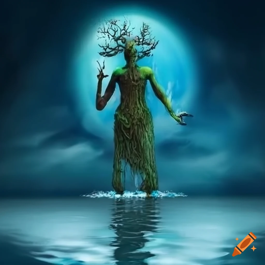 Humanoid earth god surrounded by trees, rocks, and water