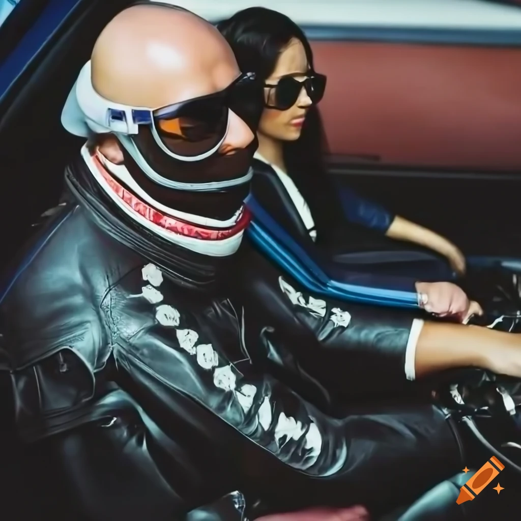 Man in leather racing jacket with long haired woman in sunglasses in ...