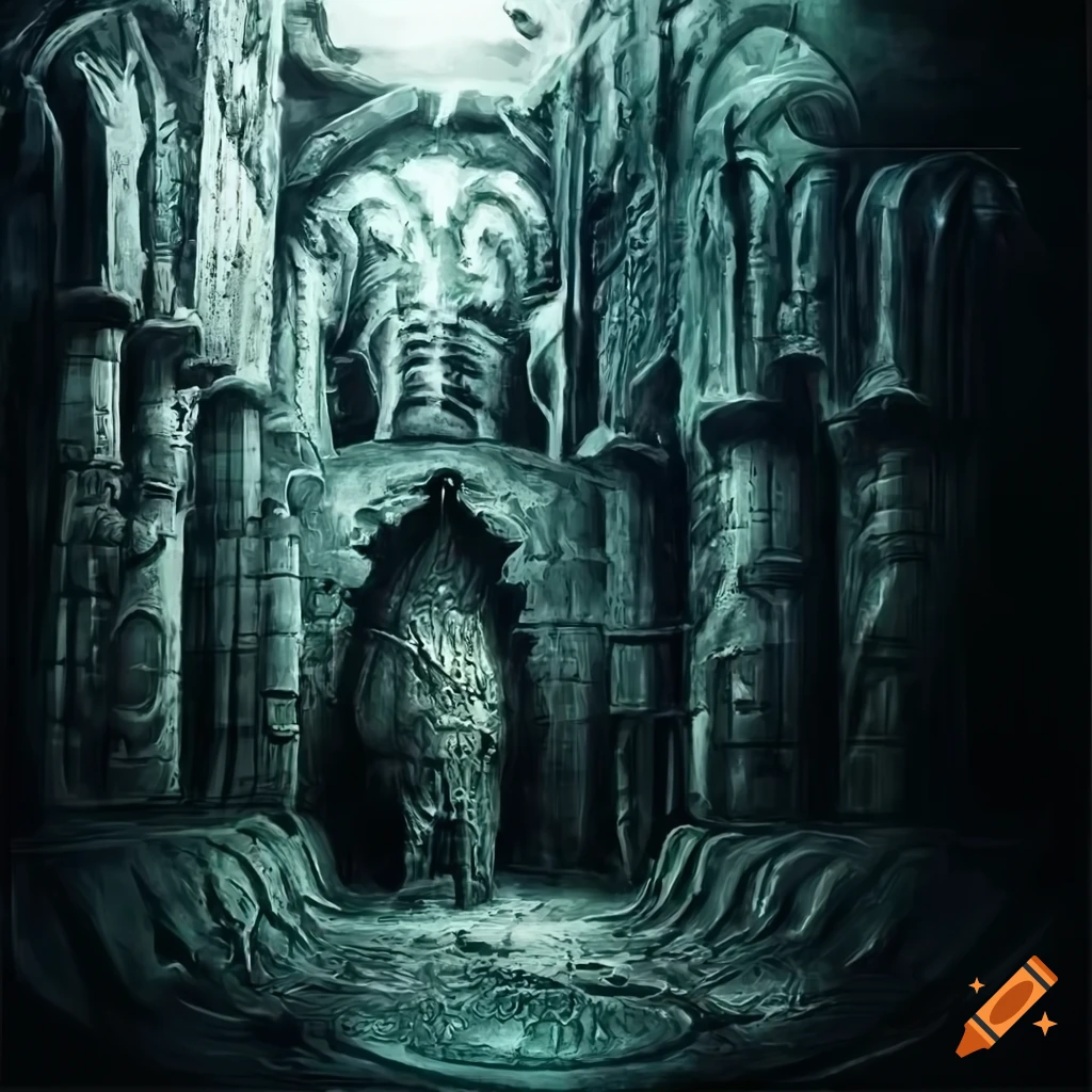 Exterior of a mysterious dungeon in the style of h.r. giger