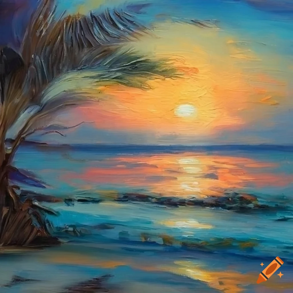 Seaside view with sunset on a beautiful beach in oil painting on Craiyon