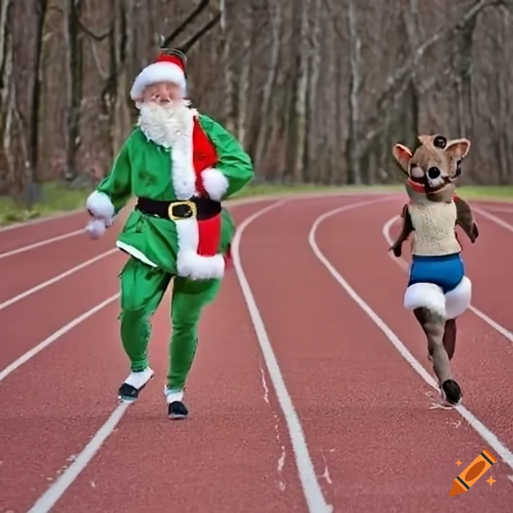 Santa and rudolph on a running track