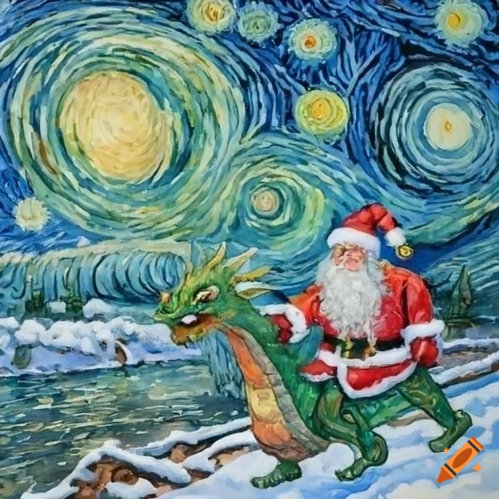 Santa claus riding a dragon with a christmas tree in the snow, van gogh ...