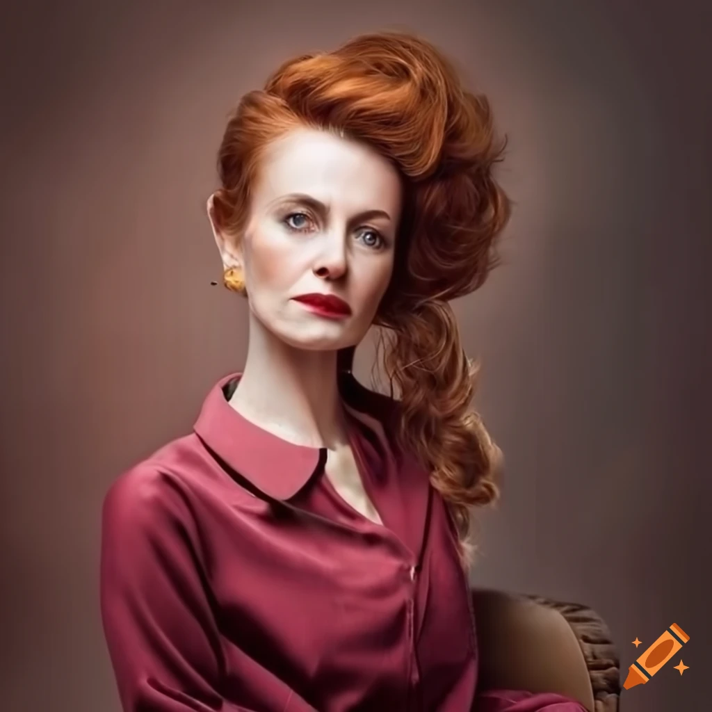 Elegant mature woman with long ginger hair in a vintage style portrait ...