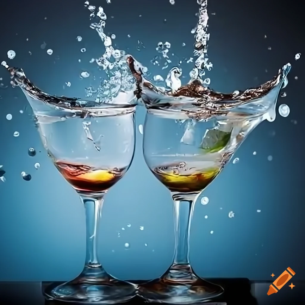 Glasses of alcoholic drinks with flying fruits and splashes of water on ...