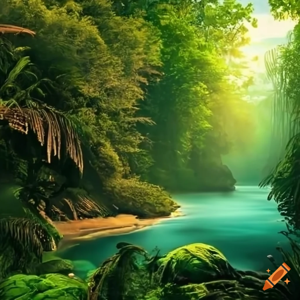 Ecosystem with jungle, sky, river, beach, and ocean