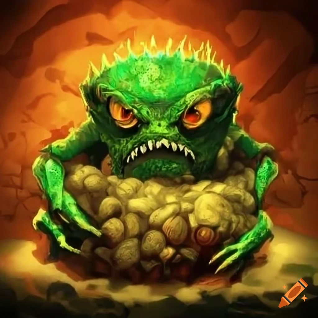 Pile of gold guarded by a green monster in a dungeon