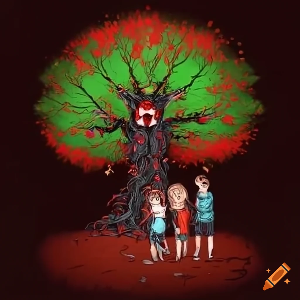 Family gathering around a holiday tree facing evil robots