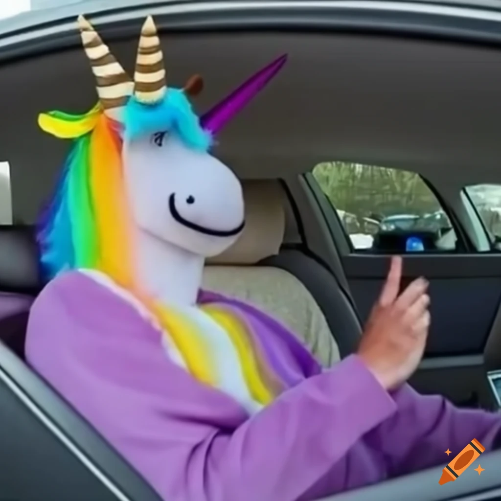Man wearing unicorn costume in carpool meme
