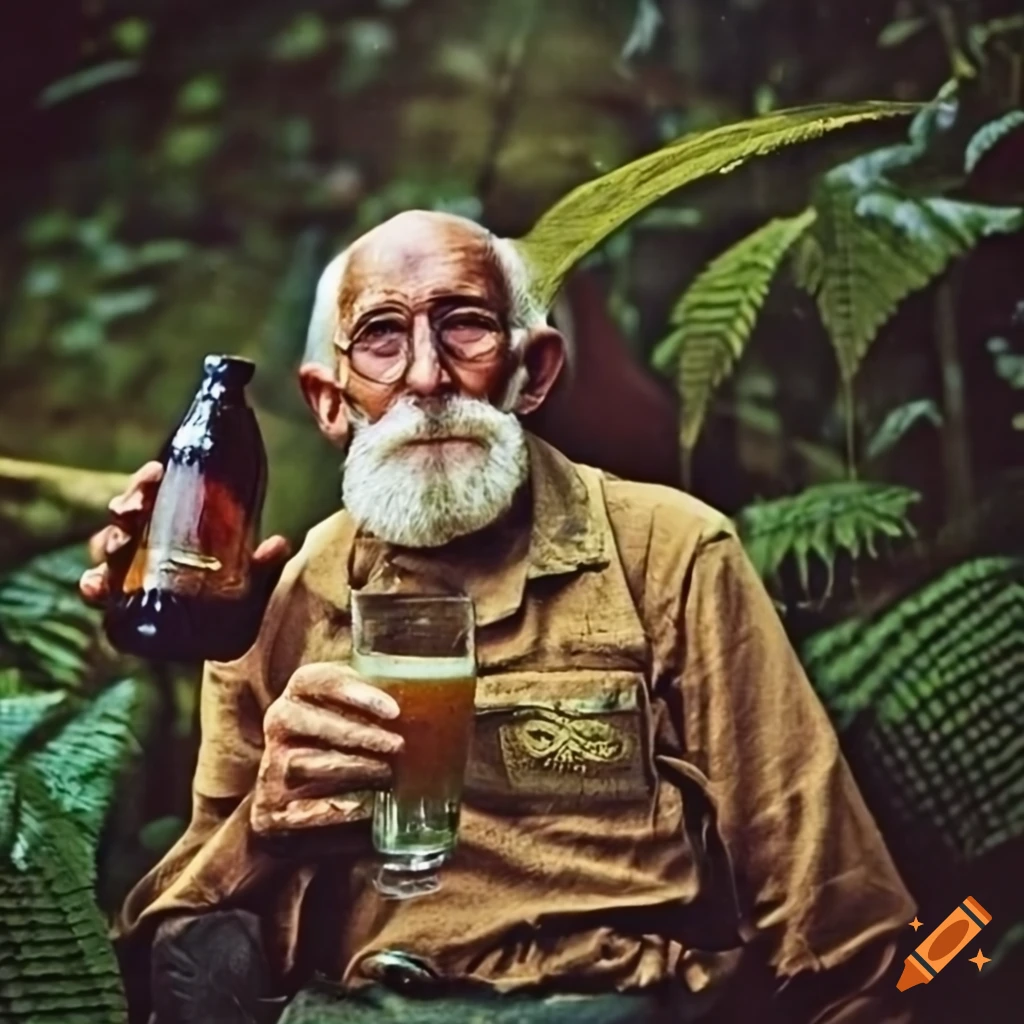 Old explorer enjoying a beer with a hidden chowchilla bird in the ...