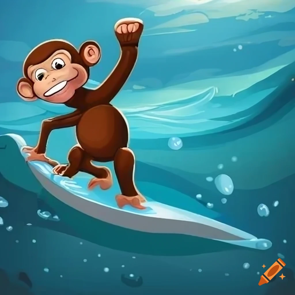 Cartoon monkey surfing on the ocean waves on Craiyon