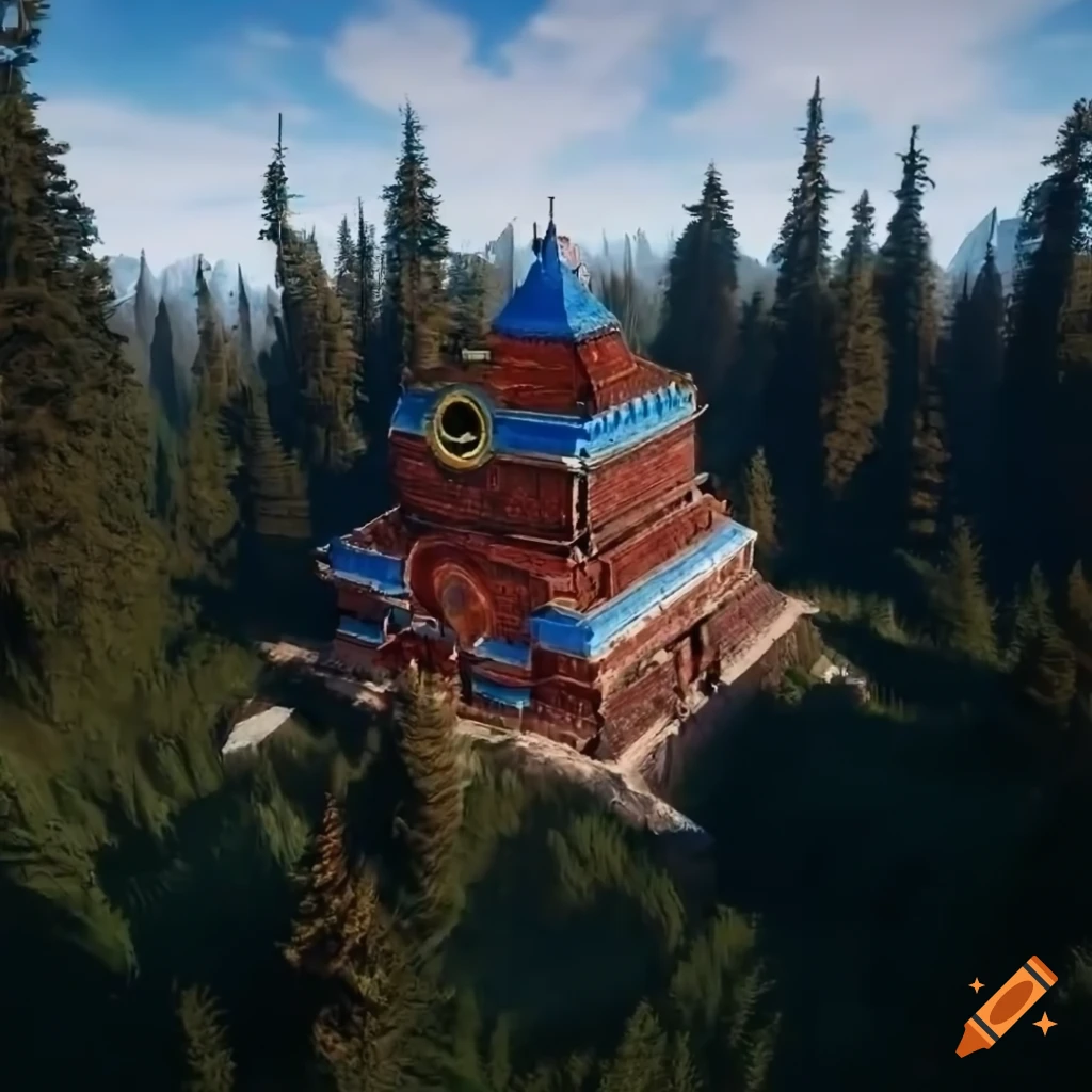 Aerial view of etruscan-hittite-viking temple with hieroglyphs in taiga ...