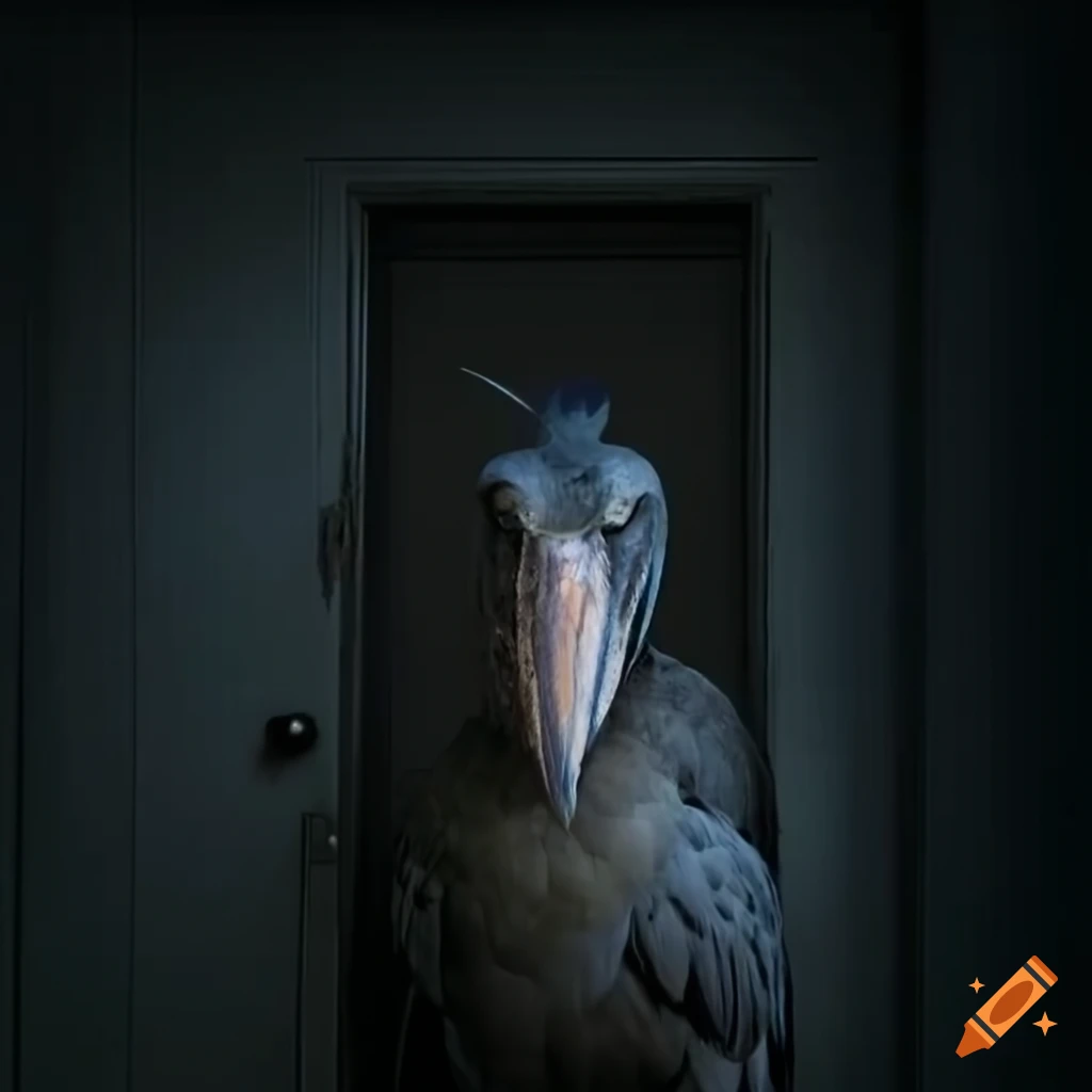 Creepy shoebill stork walking through half-open door in a stormy ...