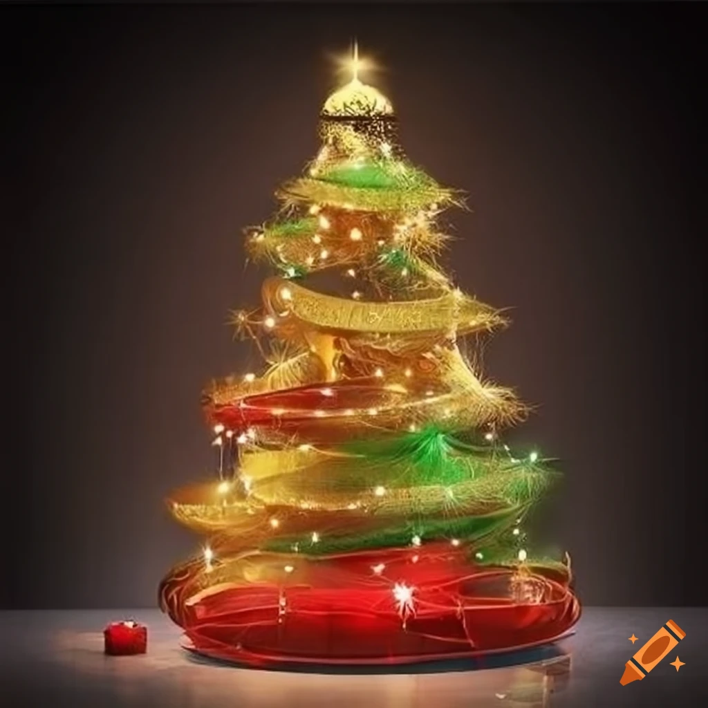 Contemporary art style surreal fir tree and Christmas decorations with ...