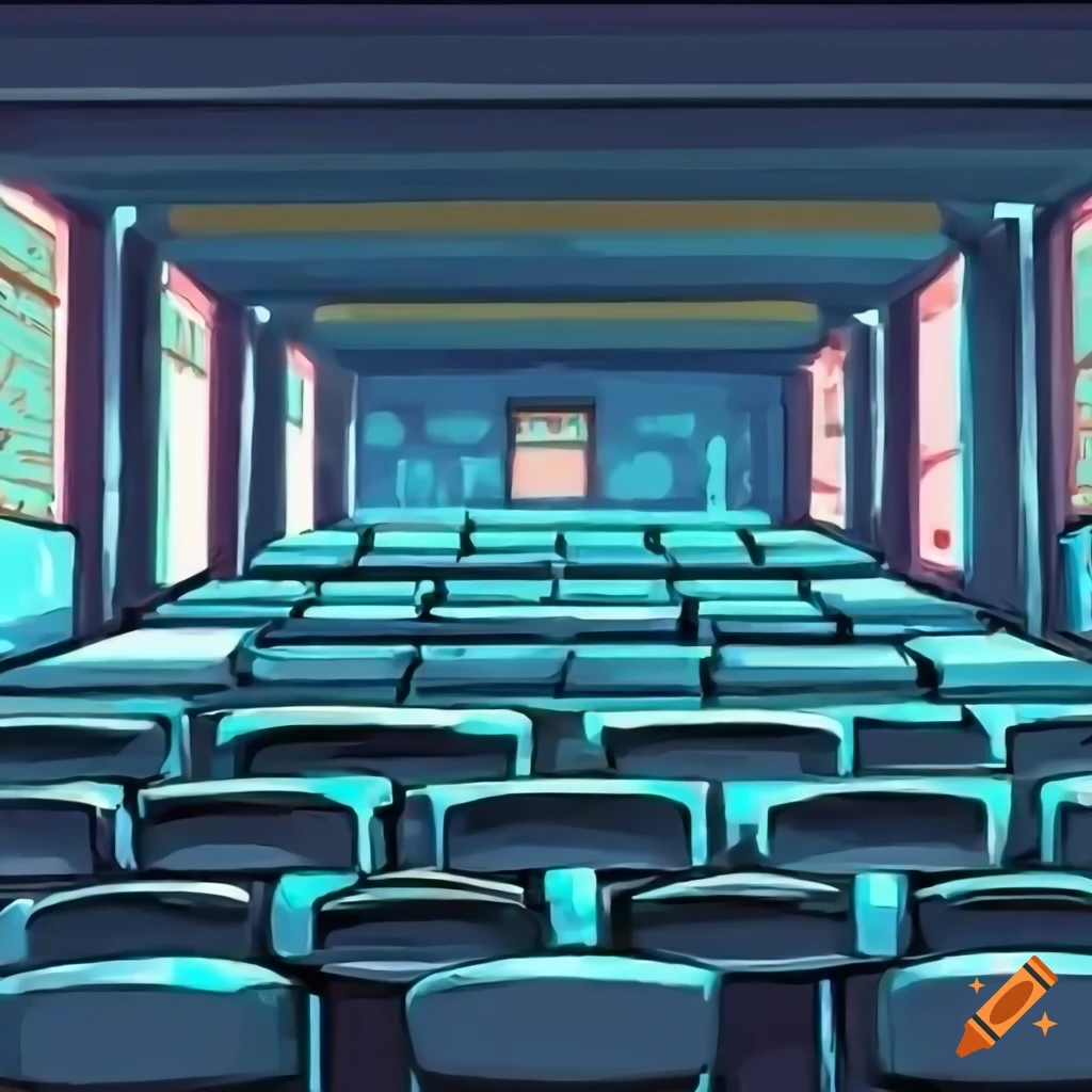 Anime style lecture hall desks in rows