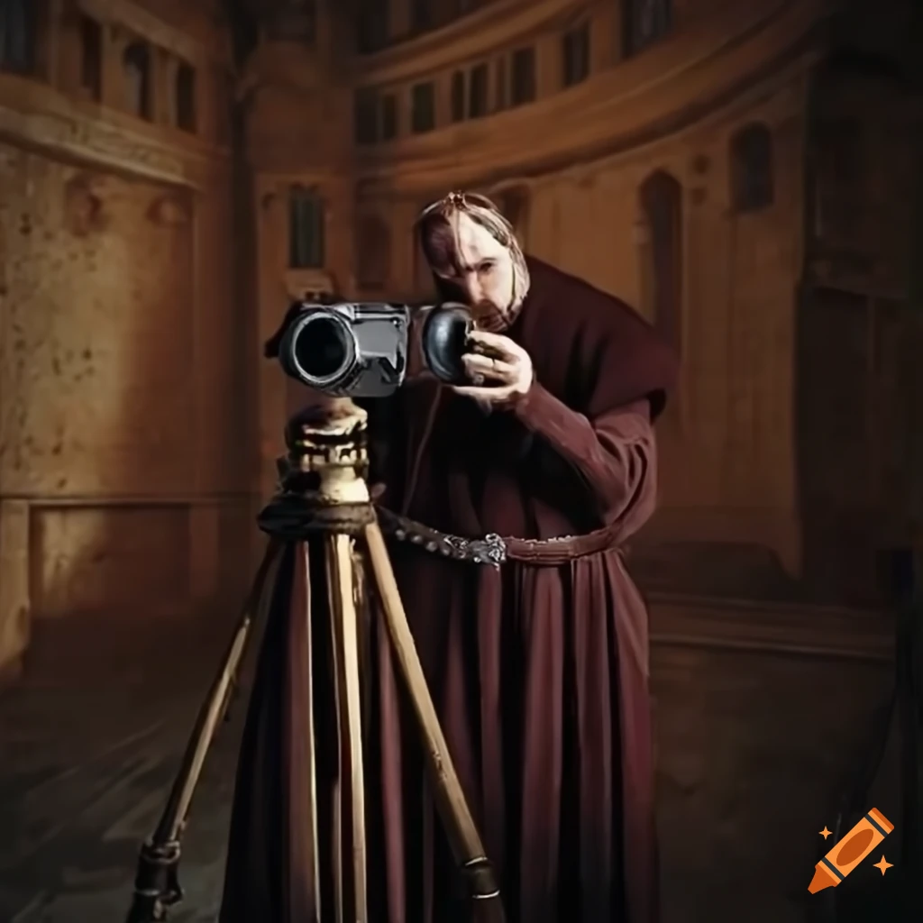 Medieval servant in a Palace Court using an old camera on a tripod on ...