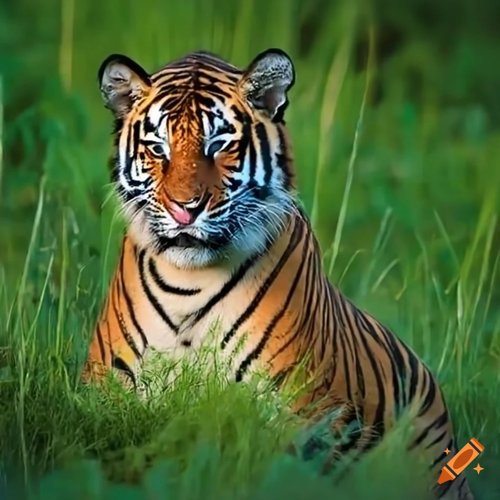 Agile tiger tiptoeing through overgrown grass on Craiyon