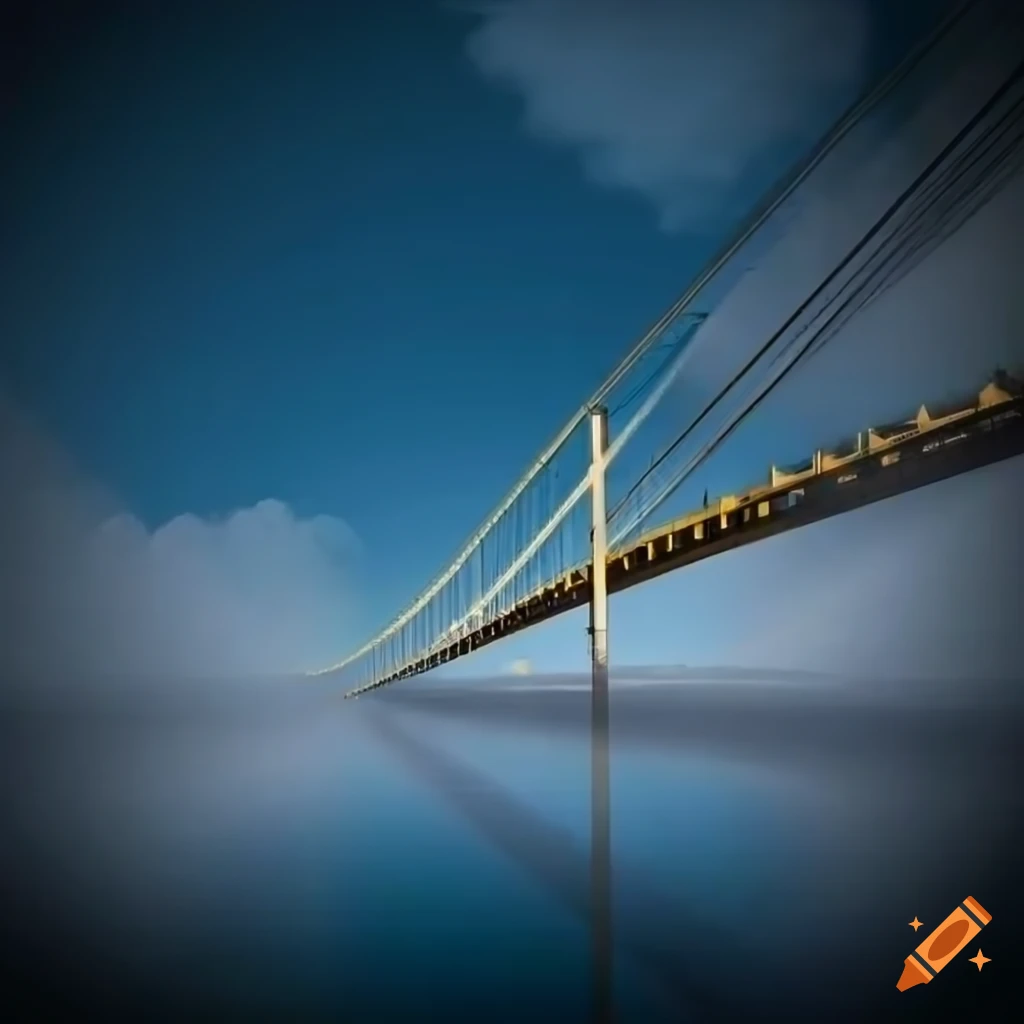 Super tall suspension bridge surrounded by mist and clouds