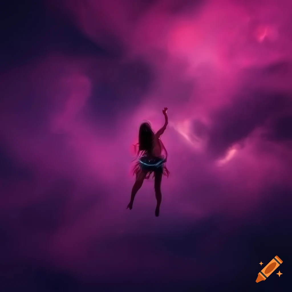 Black woman floating in space surrounded by pink clouds
