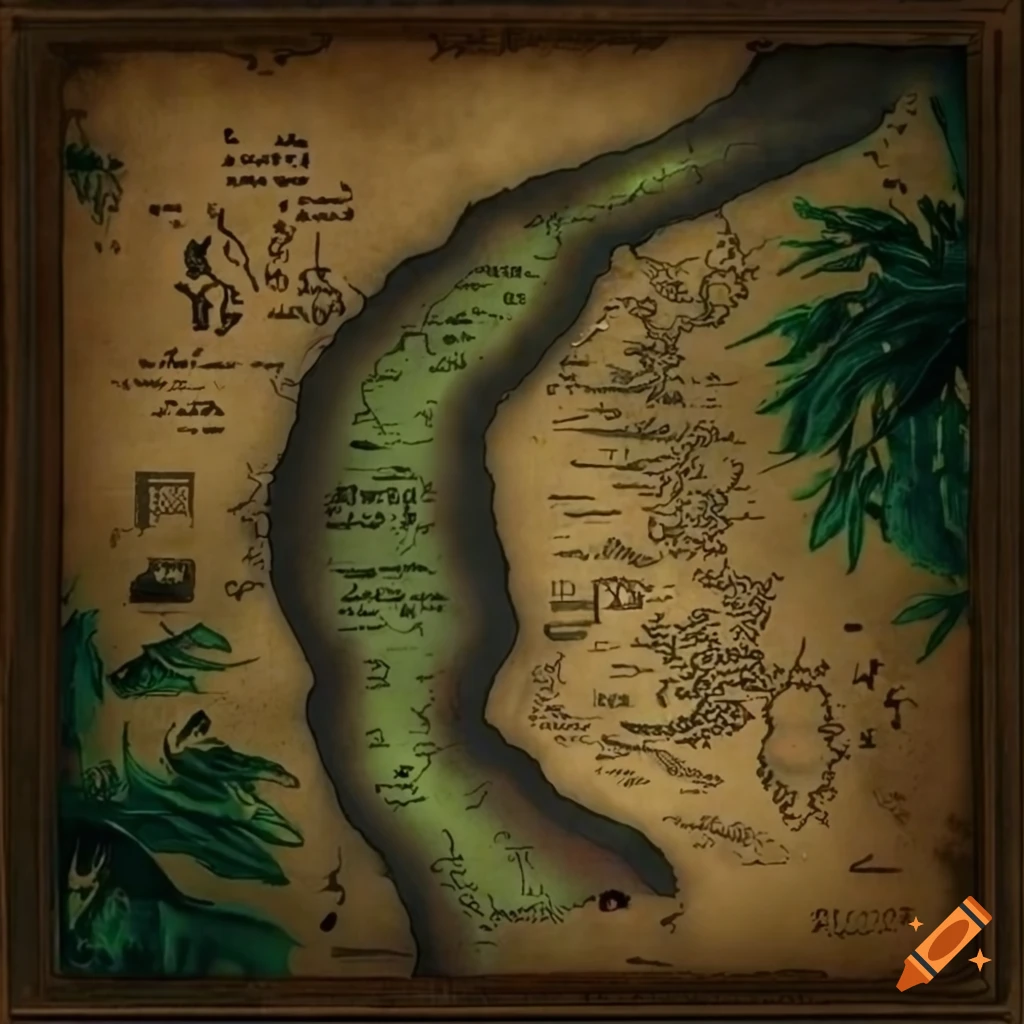 Detailed fantasy map on parchment with a winding river, dense jungle ...