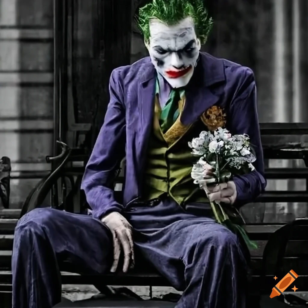 Sad joker sitting on a bench in gotham city holding flowers in the rain ...