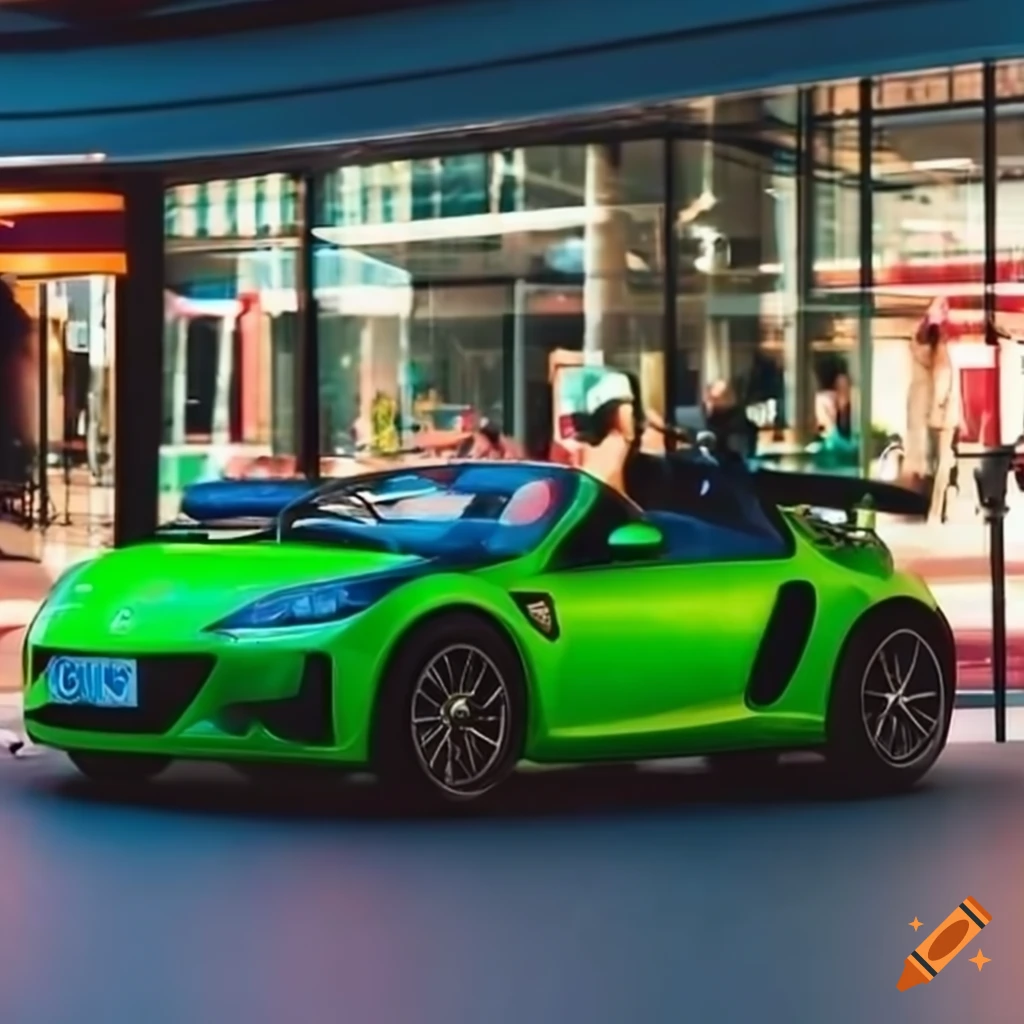 Lime sports car in a shopping center