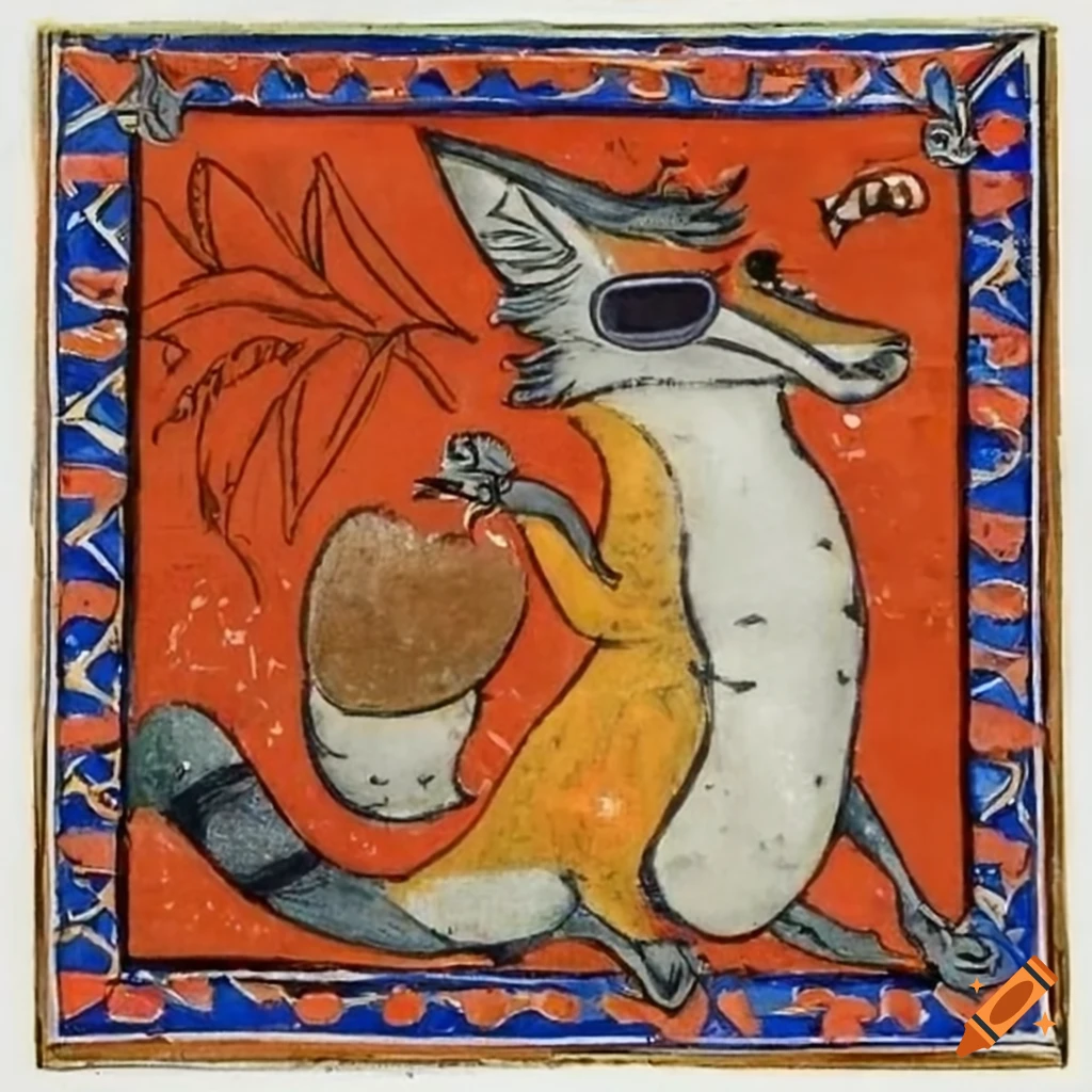 Fox with sunglasses eating an apple in a medieval illustration