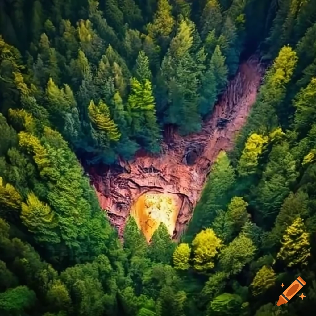 Aerial view of a glinting gold mine across the trees on Craiyon