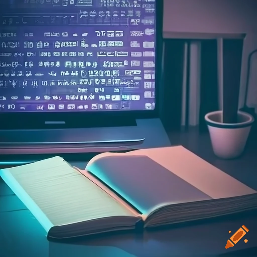 Books on desk next to laptop with code on screen on Craiyon