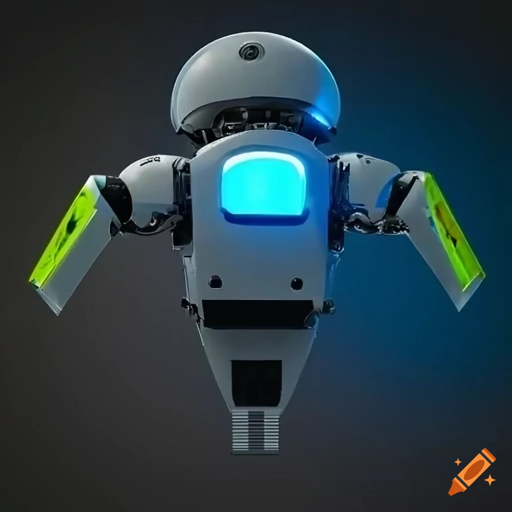 Floating grey robot with rocket-shaped body and robotic arms