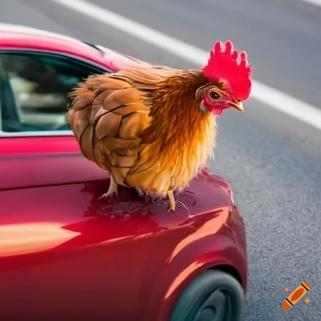 Fluffy chicken crossing a highway with a red car behind