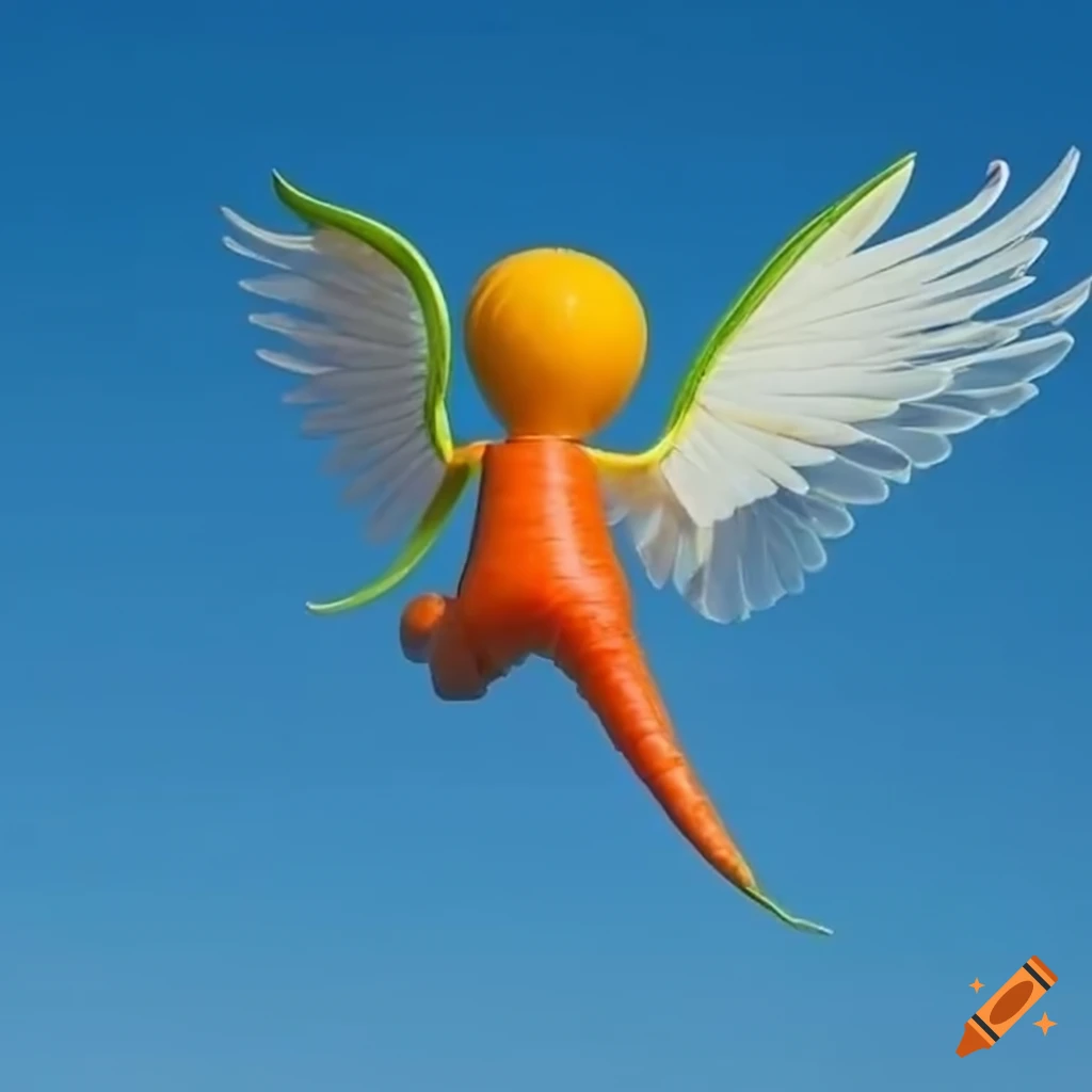 Colorful and playful flying carrot with angelic features