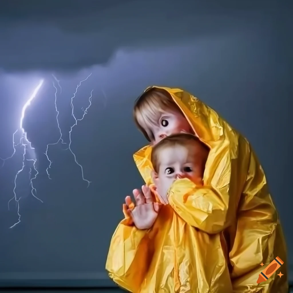 Scared siblings in raincoats during a thunderstorm on Craiyon