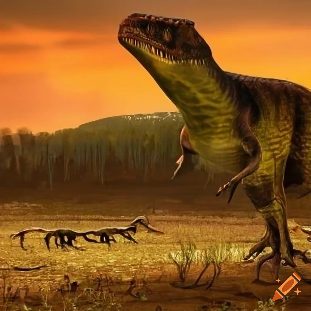 Plateosaurus herd in a triassic landscape with coelophysis on Craiyon