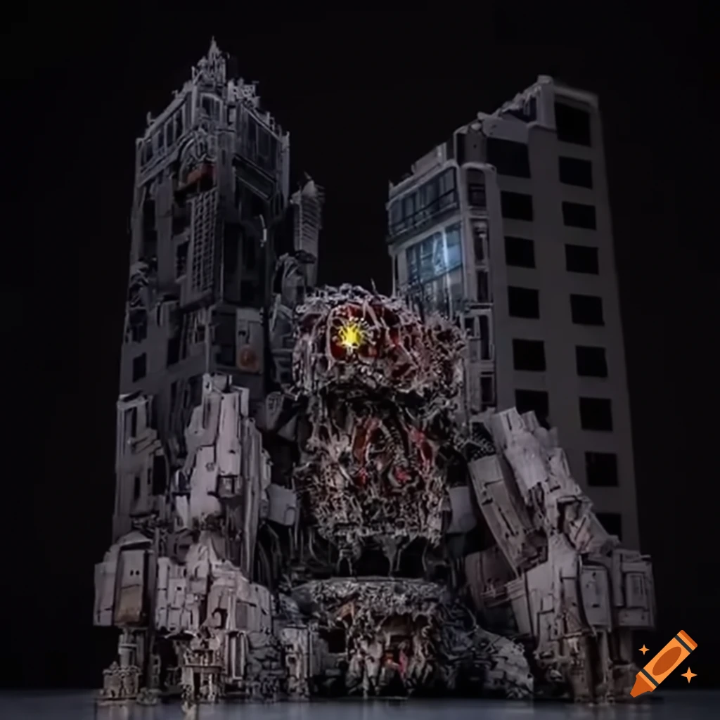 Virus-infected destroyed mech-city towering over a desert