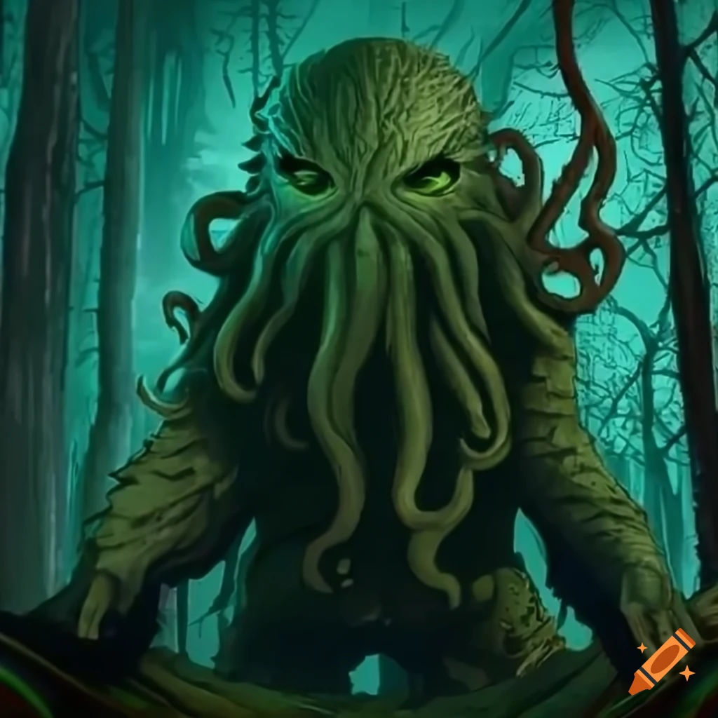 Cthulhu in a lumberjack outfit searching for a christmas tree in an ...