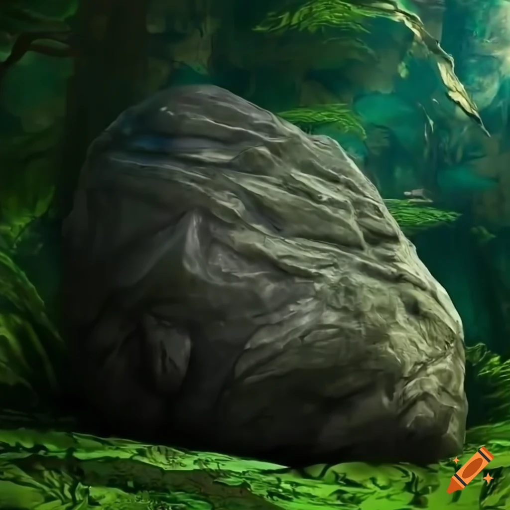 Shiny gray rock in a sunny rainforest in 3d rendering