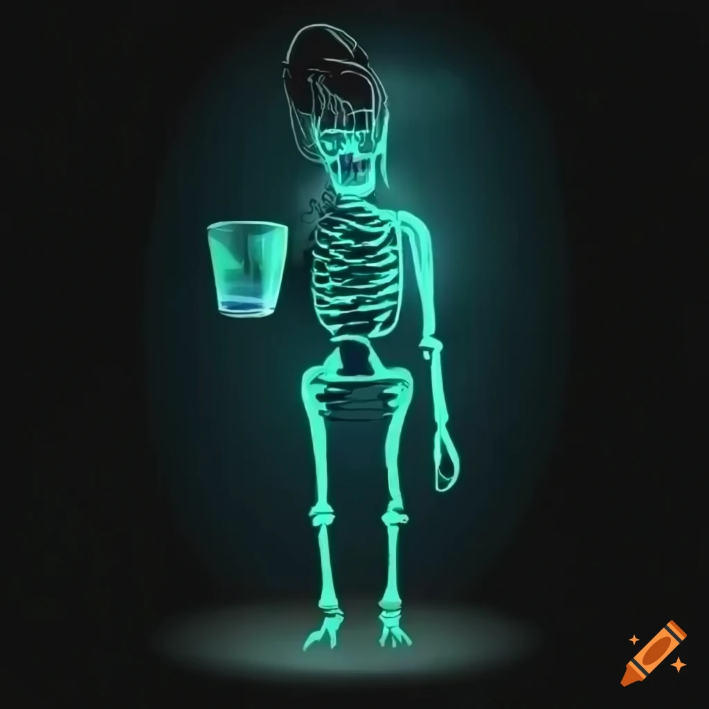 Cartoon of a glowing skeleton with long hair drinking whiskey on Craiyon