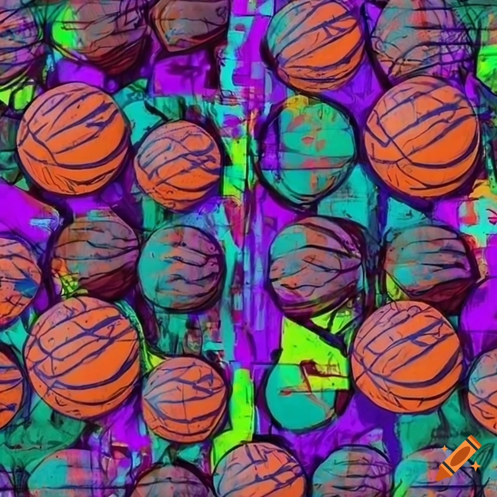 Colorful graffiti style pattern with basketballs and tiger heads in ...
