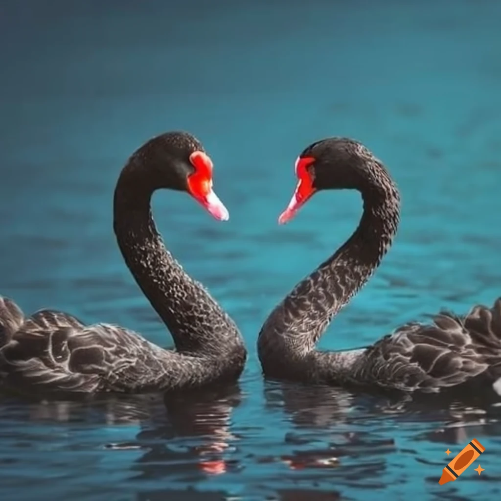 Two black swans with red beaks creating a heart shape