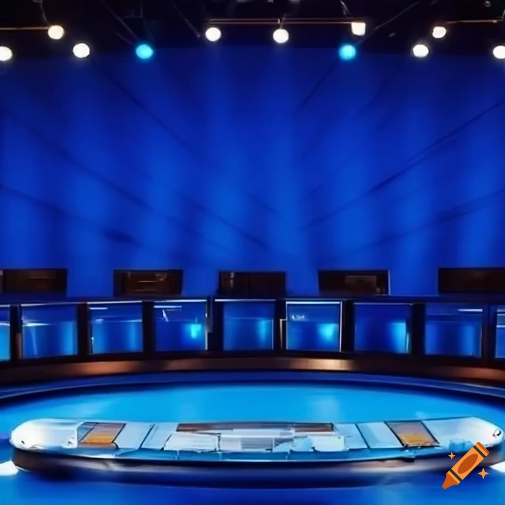 Bright blue game show background with a massive e in the back on Craiyon