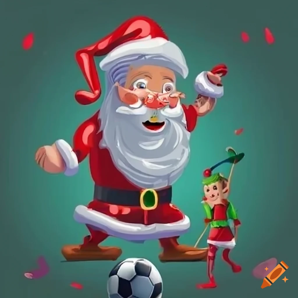 Santa playing soccer with elves on Craiyon
