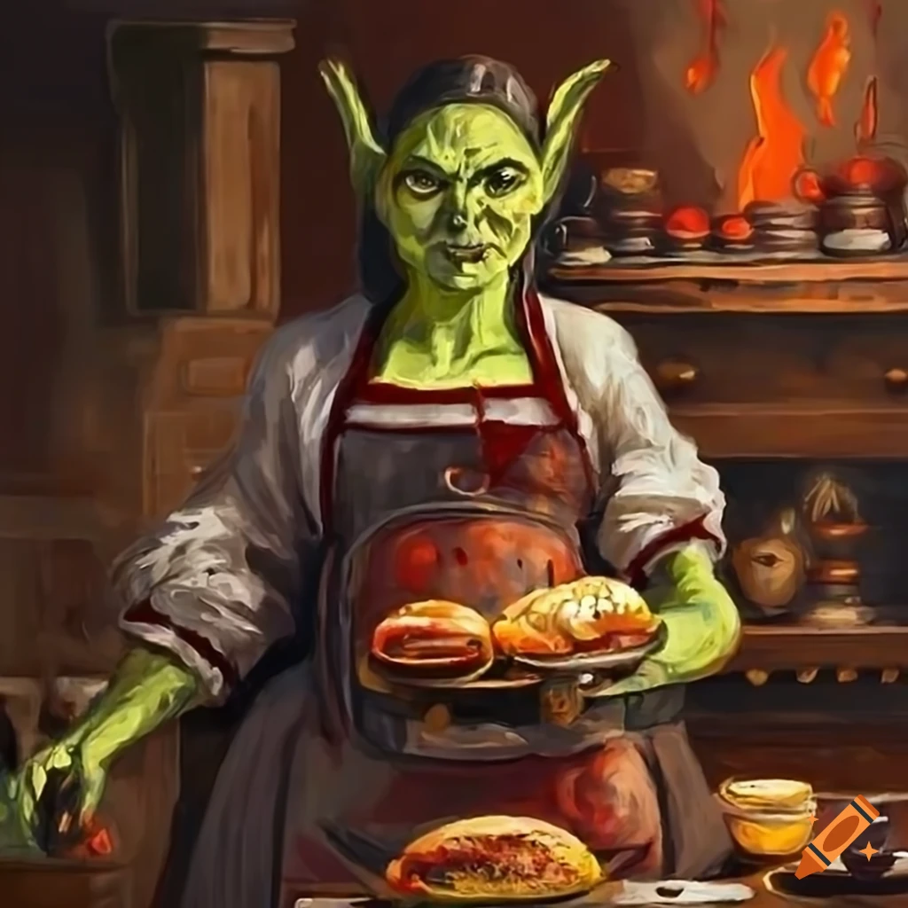 Renaissance-inspired orc woman cooking burgers in a fiery kitchen on ...
