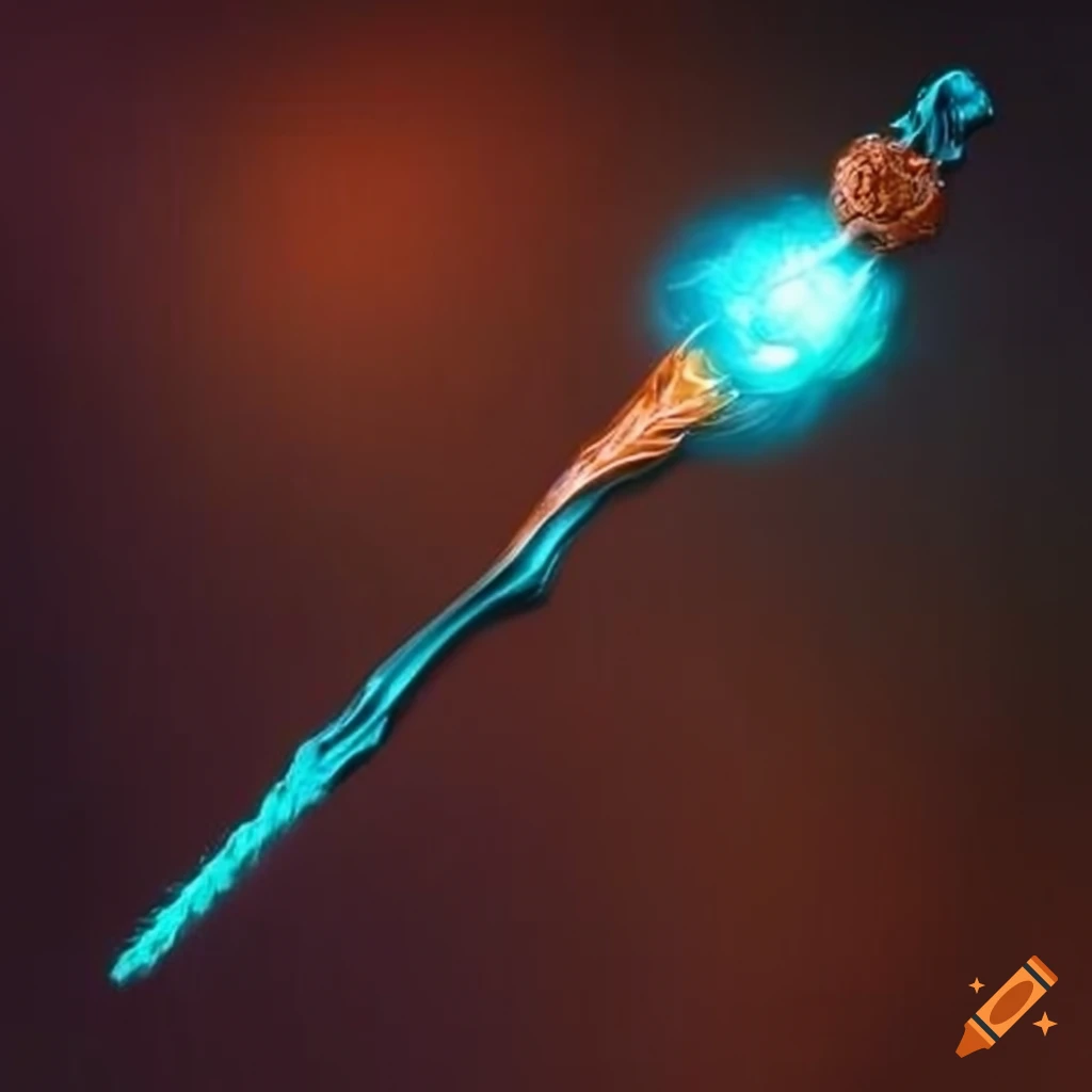 Long heroic fantasy magic wand in luminous orange-colored metal on Craiyon