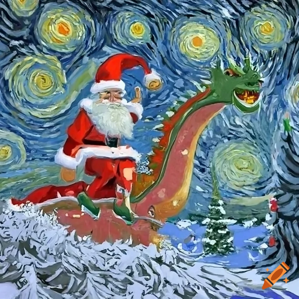 Santa claus riding a dragon with a christmas tree in the snow, van gogh ...