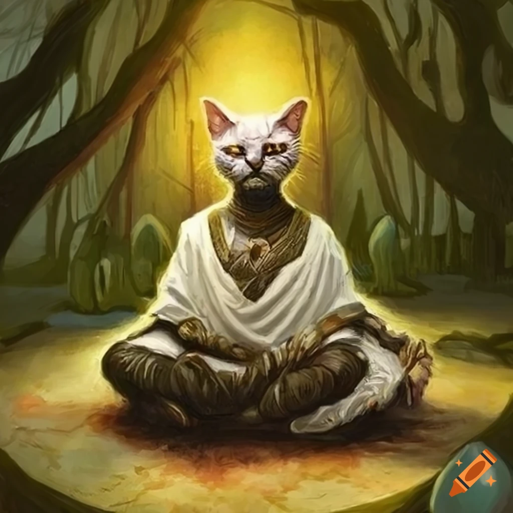 Zen meditating cat monk in a garden