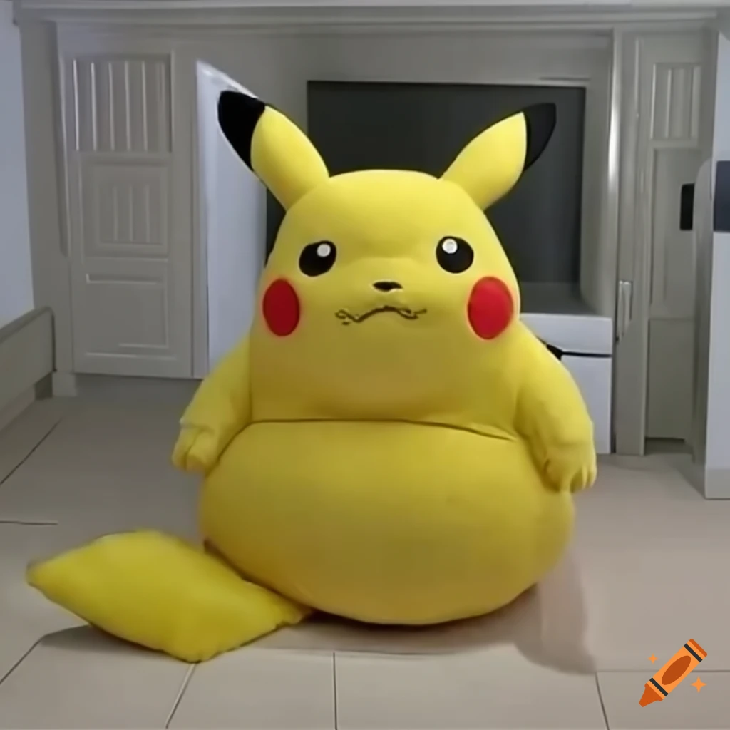 Chubby Pikachu with round belly and thighs in a kitchen setting on Craiyon