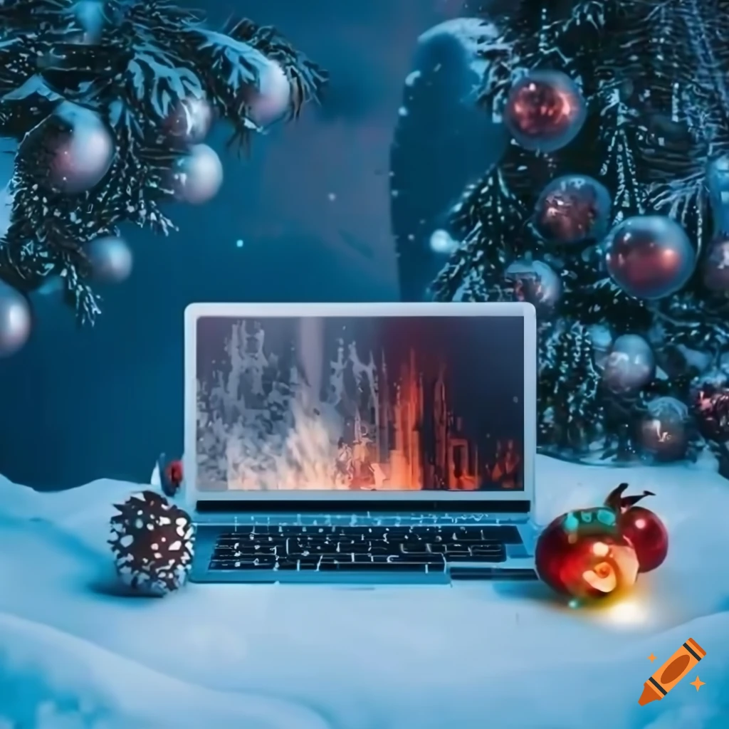 Laptop in winter landscape with Christmas decoration and a workspace ...